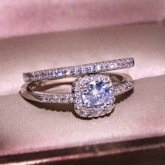 Jewelry | New 925 Sterling Silver Diamond Halo 2p Ring Set | Poshmark
